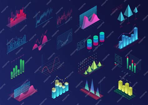Ui 디자인 프리젠 테이션 그래픽 데이터 통계에 대한 생생한 다채로운 인포 그래픽 요소의 집합입니다 3d 아이소 메트릭 밝은 빛 다이어그램 프리미엄 벡터