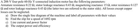 Solved A 208 V Four Pole 60 Hz Y Connected Induction Motor Has The