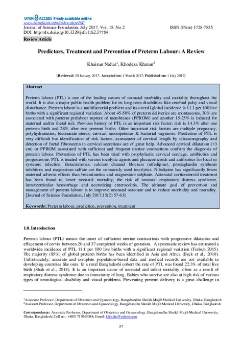 pdf predictors treatment and prevention of preterm labour a review
