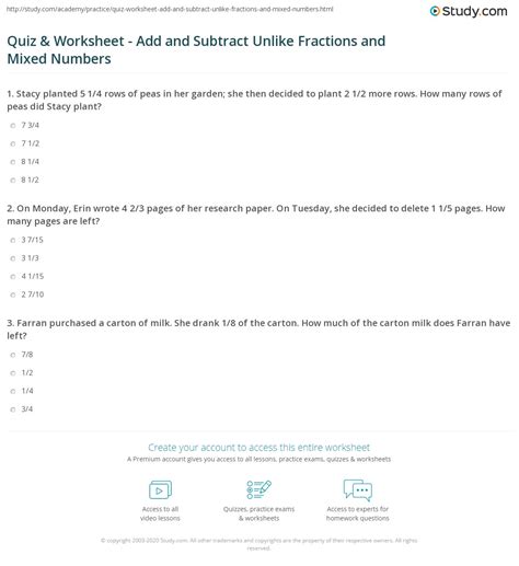 Quiz Worksheet Add And Subtract Unlike Fractions And Mixed Numbers Study