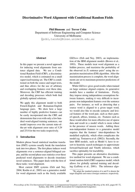 Pdf Discriminative Word Alignment With Conditional Random Fields