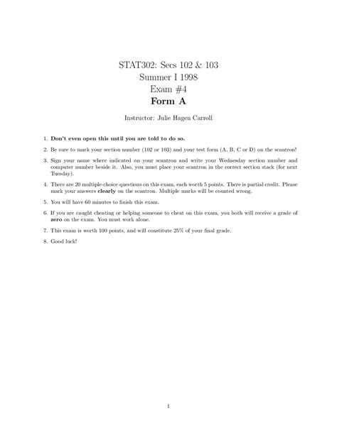 20 Multiple Choice Questions With Key Statistical Methods Exam 4