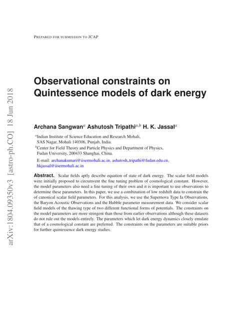 Pdf Observational Constraints On Quintessence Models Of Dark Energy