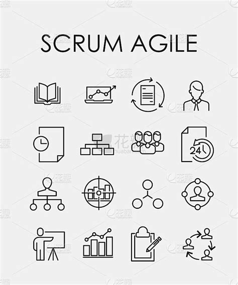 与scrum敏捷相关的线条图标的简单集合