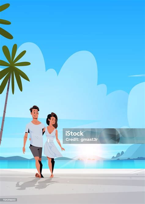 커플 사랑 남자 여자 열 대 섬 바다 해변 일출 바다 여름 휴가 개념 프리 배경 전체 길이 평면 수직에 수용에 커플에 대한 스톡 벡터 아트 및 기타 이미지 Istock