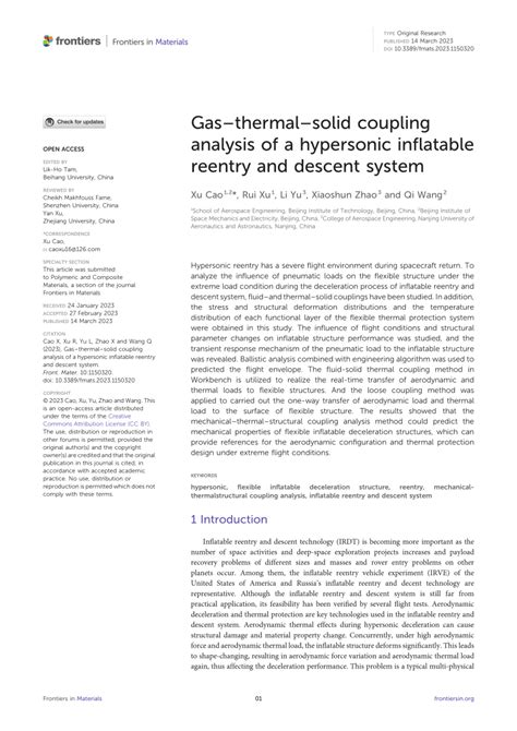 Pdf Gasthermalsolid Coupling Analysis Of A Hypersonic Inflatable Reentry And Descent System