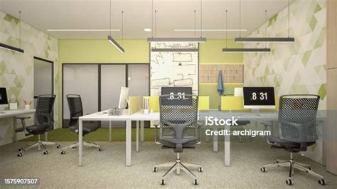 인테리어 디자인 사무실의 컴퓨터 생성 이미지입니다 건축 시각화 3d 렌더링 스톡 사진 사무실에 대한 스톡 사진 및 기타 이미지 Istock