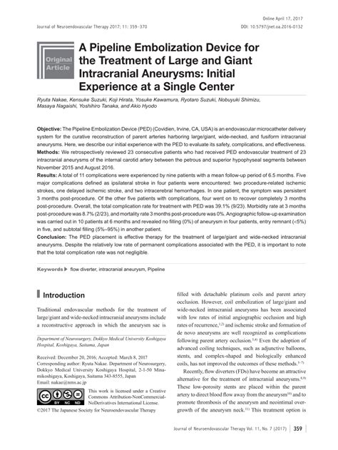 Pdf A Pipeline Embolization Device For The Treatment Of Large And