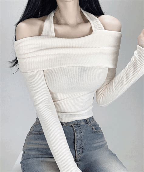 🔥최저가🔥속기모청순여리 승모근 제거 레전드핏 섹시글램 홀터넥 골지 오프숄더 긴팔티 4col 에이블리