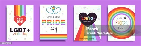 Lgbt 프라이드 데이 표지 브로셔 세트 플랫 디자인 무지개 깃발과 하트가 있는 포스터 템플릿 사랑의 자유와 권리 평등 표지판