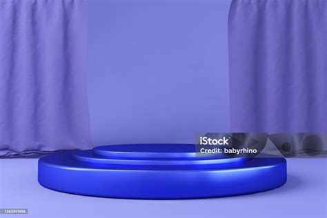 블루 배경에 금속 무대 연단 또는 제품 스탠드 쇼케이스 프리젠 테이션 템플릿 모형을위한 크리에이티브 제품 선반 고급 또는 우아한 패션을위한 개념 3d 렌더링 0명에 대한