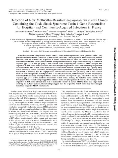 Pdf Detection Of New Methicillin Resistant Staphylococcus Aureus Clones Containing The Toxic