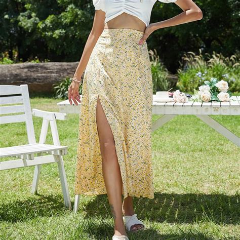 여성 캐주얼 비치 스플릿 스커트 여름 하이 웨스트 꽃 프린트 미디 Boho Sweet Holiday 티몬