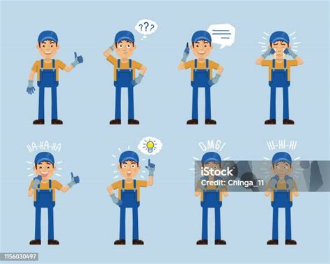 다른 상황에서 포즈를 취하는 작업자 캐릭터 집합입니다 쾌활한 자동차 정비사 전화에 이야기 생각 웃음 울고 가리키는 놀랐다 가리키기에 대한 스톡 벡터 아트 및 기타 이미지