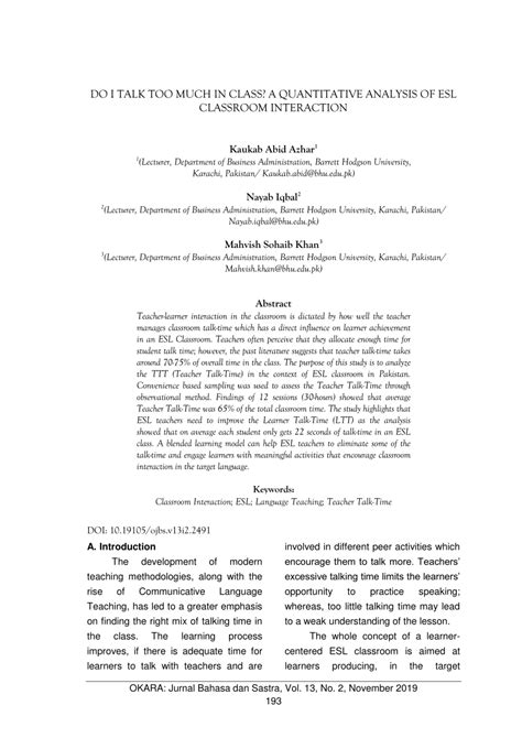 Pdf Do I Talk Too Much In Class A Quantitative Analysis Of Esl
