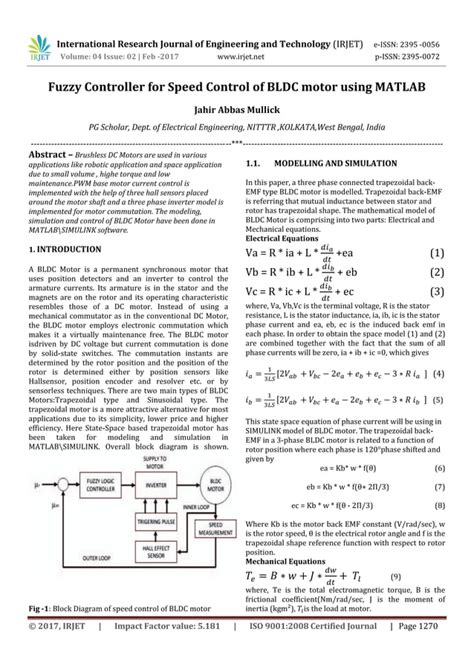 Fuzzy Controller For Speed Control Of Bldc Motor Using Matlab Pdf Internet Of Things Internet
