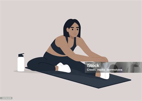 운동 세션 햄스트링 스트레칭 스포츠와 웰빙을하고 젊은 여성 캐릭터 가정 생활에 대한 스톡 벡터 아트 및 기타 이미지 가정 생활 갈색 머리 건강한 생활방식 Istock