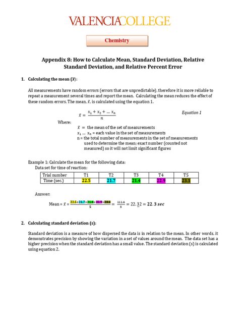 Appendix 8 How To Calculate Mean Standard Deviation Relative