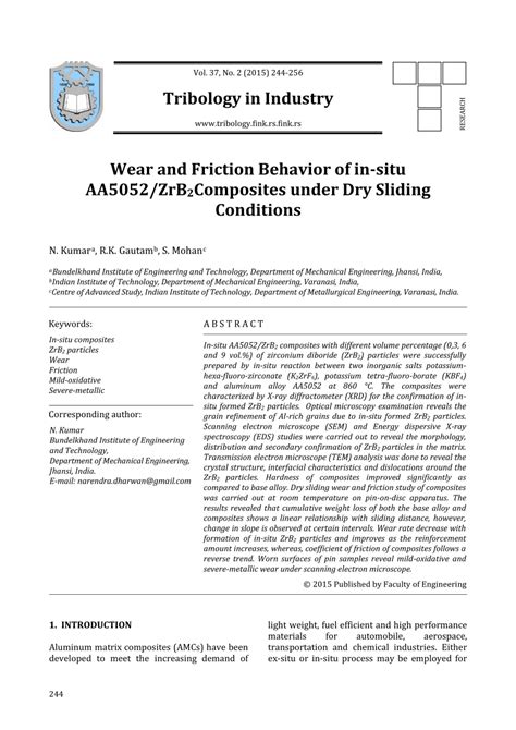 Pdf Wear And Friction Behavior Of In Situ Aa5052zrb2composites Under Dry Sliding Conditions