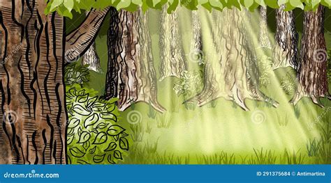Sun Rays Penetrate Through The Canopy Into The Forest Illustration Stock Illustration