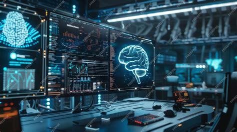 A Futuristic Brain Computer Interface Setup In A High Tech Lab With Neural Data Visualizations