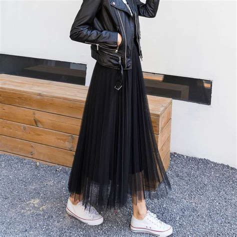 กระโปรงตาข่ายหญิงกระโปรงจีบสี่ฤดูเอวสูงบางยาวปานกลาง ชุดเดรสยาวทรงเอไซส์ใหญ่สไตล์เกาหลี