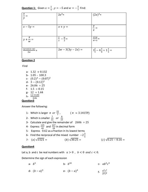 Arithmatic Worksheet Question 1 Given þ 19 ÿ 25 And ý 2 57 Find þ ÿ 2 þ 2 2þ 2
