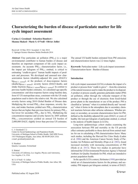 Characterizing The Burden Of Disease Of Particulate Matter For Life Cycle Impact Assessment