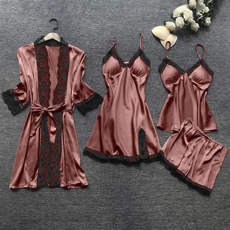 Fafwyp Womens 4 Pieces Satin Silk Pajamas Sets Leopard Printed Lace