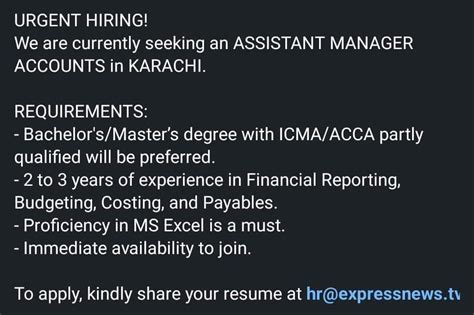 Position Assistant Manager Accounts Rjobsinpakk