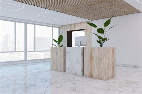 현대적인 목조 및 콘크리트 사무실 로비 인테리어로 창문과 도시 전망을 감상할 수 있습니다 대기 공간 및 호텔 개념 3d 렌더링 0명에 대한 스톡 사진 및 기타 이미지