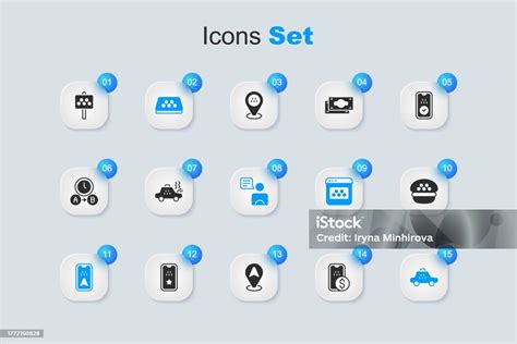 모바일 뱅킹 깨진 택시 자동차 택시 지붕 인포 그래픽 도시지도 운전자 모자 스탠드 및 아이콘 도로 표지판을 설정합니다 벡터