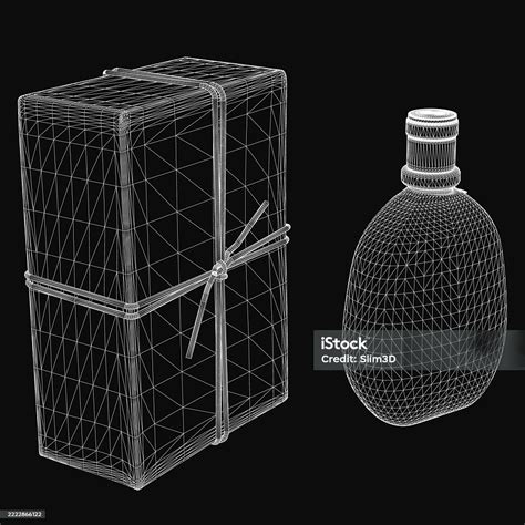 원통형 모양과 앞면 라벨이 있는 향수병의 세련된 3d 모델로 상단 손잡이가 있는 직사각형 선물 상자와 짝을 이룹니다 리본으로 묶인 장식용 리본이 우아한 느낌을 더합니다 0
