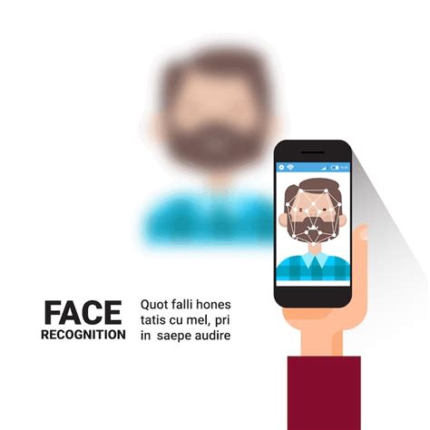 손을 잡고 스마트 폰 스캔 남자 얼굴 현대 식별 시스템 액세스 제어 기술 생체 인식 개념 프리미엄 벡터