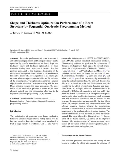 2007 Shape And Thickness Optimization Performance Of A Beam Structure By Sequential Quadratic