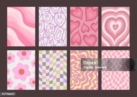 멋진 그루비 패턴 포스터 컬렉션 Y2k 물결 모양의 텍스처 세트입니다 트렌디한 추상 기하학적 90년대 배경 펑키 레트로 빈티지