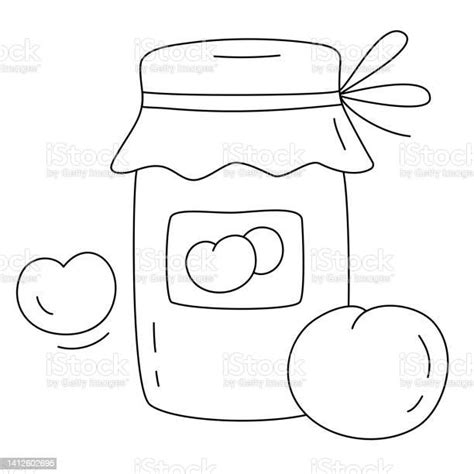 잼과 과일의 항아리 유리 항아리에 통조림 식품의 스케치 과일 또는 야채 손으로 그린 낙서 아이콘 보존된 야채 벡터 일러스트레이션 흰색 배경에 고립 된 검은 선 윤곽선 그리기