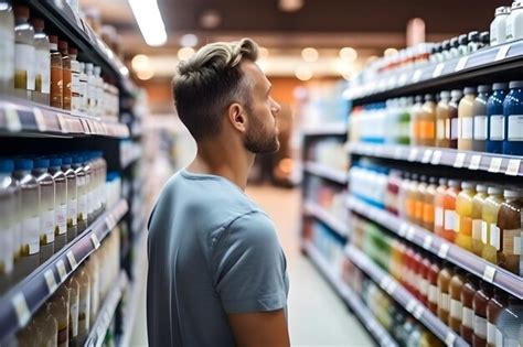 Man Engaging In Informed Consumer Behavior At Hypermarket Shopping