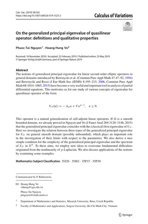 Pdf On The Generalized Principal Eigenvalue Of Quasilinear Operator Definitions And