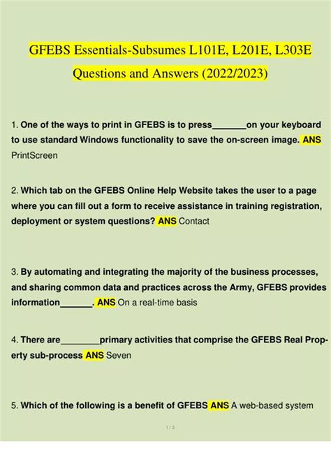 Gfebs Essentials Subsumes L101e L201e L303e Questions And Answers 2022 2023 Gfebs