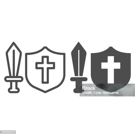 중세 칼과 방패 라인과 단단한 아이콘 동화 개념 흰색 배경에 중세 무기 기호 윤곽 스타일의 방패 아이콘고전 중세 칼 벡터 그래픽