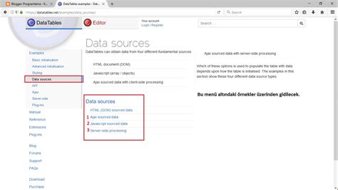 Html Table Eklentisidatatables 3 Data Source 1 Programlama