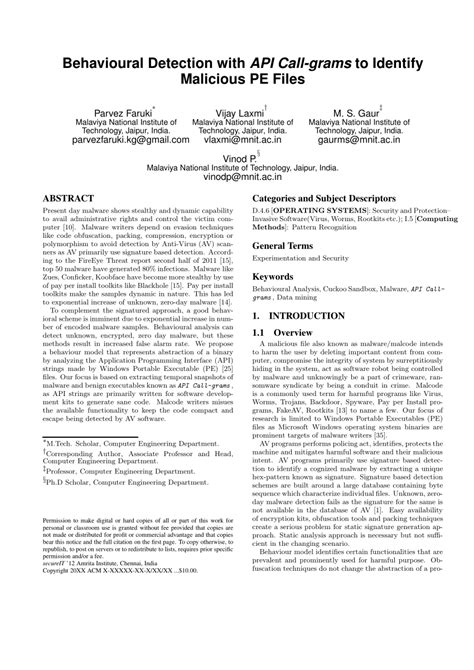 Pdf Behavioural Detection With Api Call Grams To Identify Malicious Pe Files