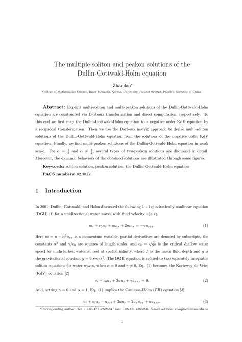 Pdf The Multiple Soliton And Peakon Solutions Of The Dullin Gottwald Holm Equation