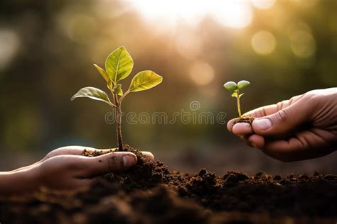 Hand Holding Soil Tree Sapling Growth Nature Growing Background Stock Illustration