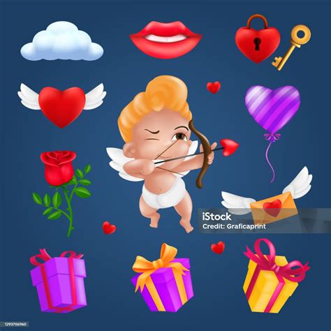세인트 발렌타인 데이 아이콘 세트 작은 천사 또는 큐피드 날개 빨간 장미 꽃 분홍색 풍선 선물 상자 편지 자물쇠 키 웃는 입술 구름비행 심장 로맨틱 아이템 벡터 컬렉션 2
