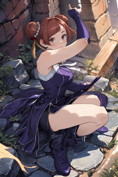 Anime Girl Kneeling On A Stone Steps With A Bow And Arrow Seaart Ai