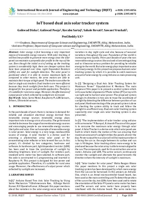 Pdf Irjet Iot Based Dual Axis Solar Tracker System