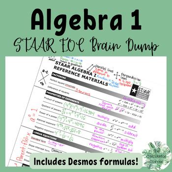 Algebra 1 EOC STAAR Reference Chart Brain Dump By The Calculator Corner