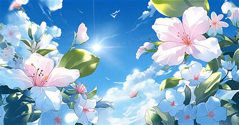 清新唯美蓝天白云与樱花插画图片素材下载 格式 熊猫办公